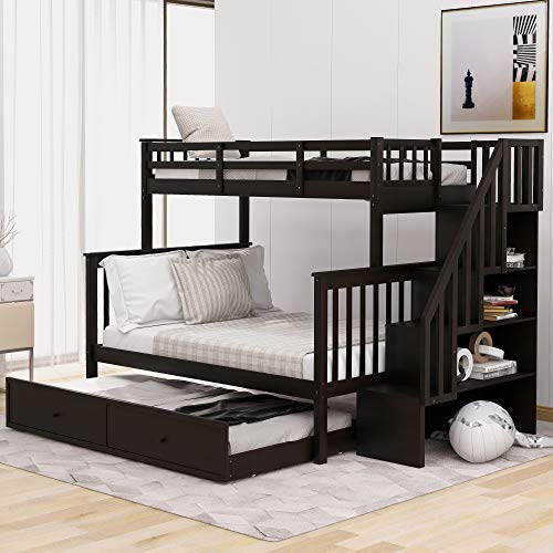 FIQHOME Stairway Twin-Over-Full Bunk Bed with Twin Size Trundle,Bunk Bed Frame Convertible into 2 Beds Storage and Guard Rail for Bedroom, Dorm, for Adults,Espresso