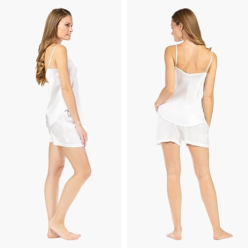 Fishers Finery Women's 100% Pure Silk Cami Boxer Pajama Set IMPROVED FIT; Camisole Sleep Top and Shorts (White, XL)