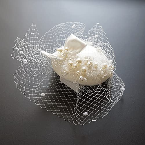 BBSJ Pearl Bridal Headpiece Handmade Bride Veil Fascinator Wedding Hair Accessories Photo Pillbox Hat