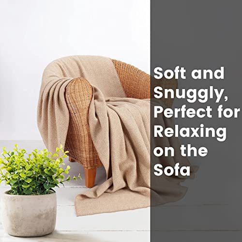 CURATED & COZY 100 Percent Wool Tan and Ivory Soft Herringbone Throw Blanket 53''x69'' (Tan and Ivory), 1HDBKHER003