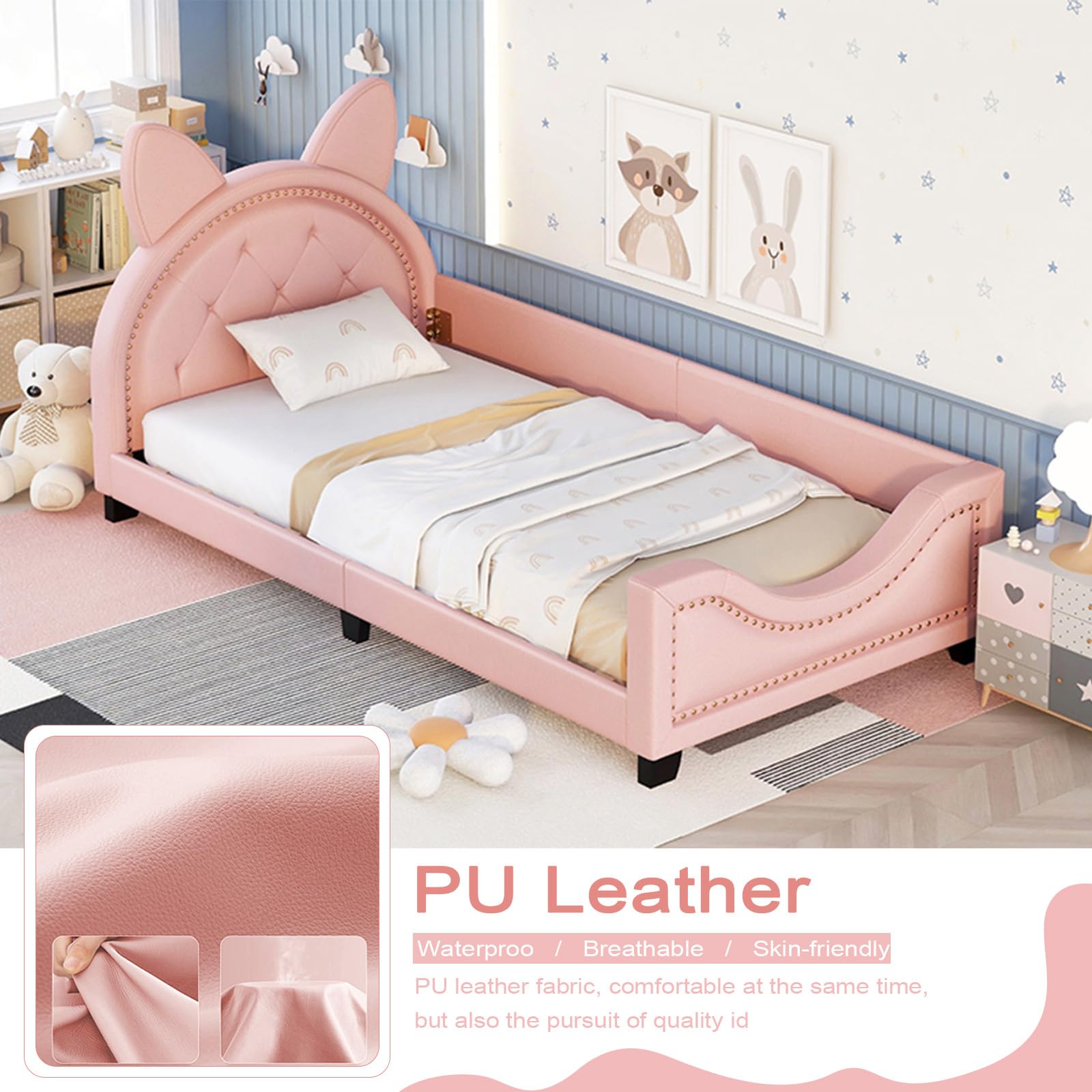 Cute Twin Size Upholstered Daybed, PU Leather Platform Bed with Carton Ears Shaped Headboard, Wooden Slat Supports Bed Frame for Kids, Girls, Boys, Child's Room, No Box Spring Needed (Pink)