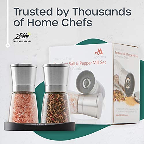 Modetro Salt and Pepper Shakers Set 6 oz Each Adjustable Coarseness Pepper Grinder Mill for Sea Salt Spice Stainless Steel Glass 2 Pack
