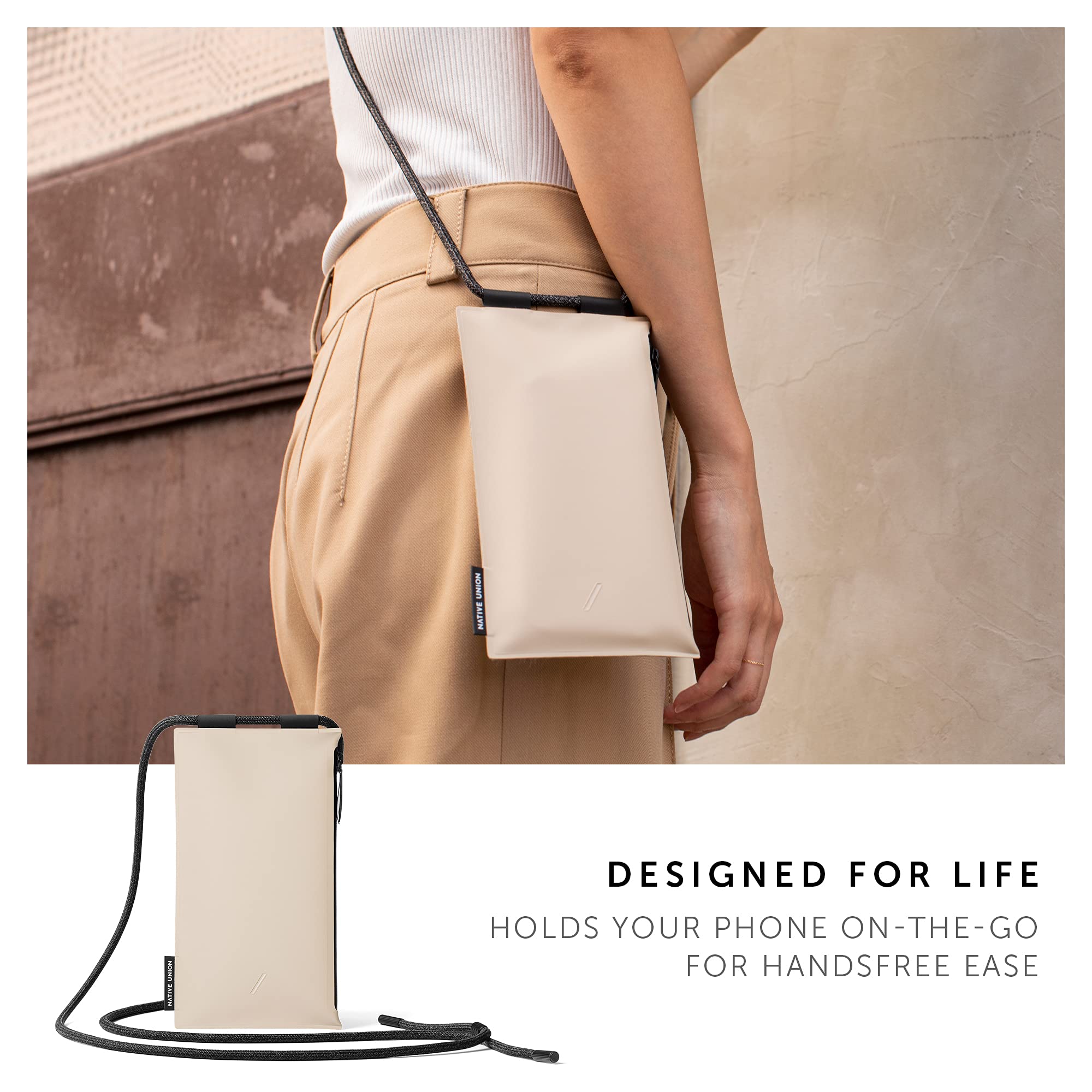 Native Union Sling Tech Carrier – Water-Repellent Adjustable Crossbody Pouch for Phone & Essentials, Stores Cards, Cash, Keys & More – 2 Zippered Compartments with Light Protection (Sand)