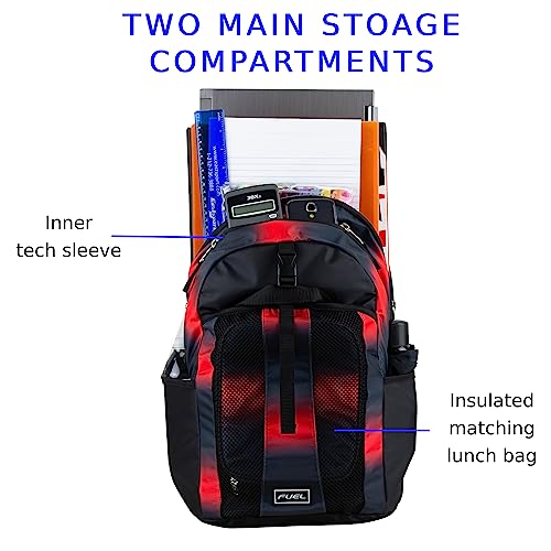 FUEL Backpack with Lunch Box Combo β 18β Two Compartment Water Resistant Durable Adjustable Straps with Side Water Bottle Pockets 2 in 1 Set - Red and Black