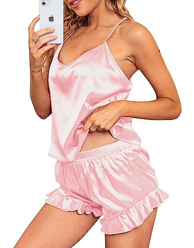 FERDAT Women's Silk Pajamas Set Satin Ruffle Lingerie 2 Piece Pjs Cami Top and Shorts Sleepwear Pink