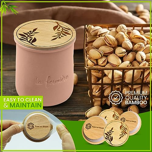 La Fermiere Yogurt Jar Tops – Olive Branches Design or Choose a Design – 4-pcs Wood Lids Set With Extra Silicone Sealing Rings - Perfectly Airtight Fit