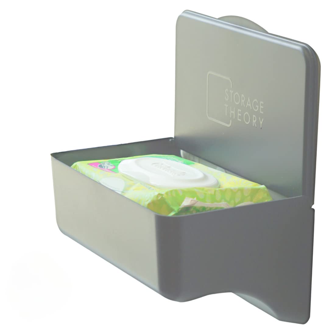 Bathroom Wipes Holder Dispenser with Shelf – Restroom Organizer & Toilet Wipe Holder for Bathroom Must Haves – Tool Free Wall Mounted Storage Baby Wipe Container by Storage Theory – Gray – 1 Pack