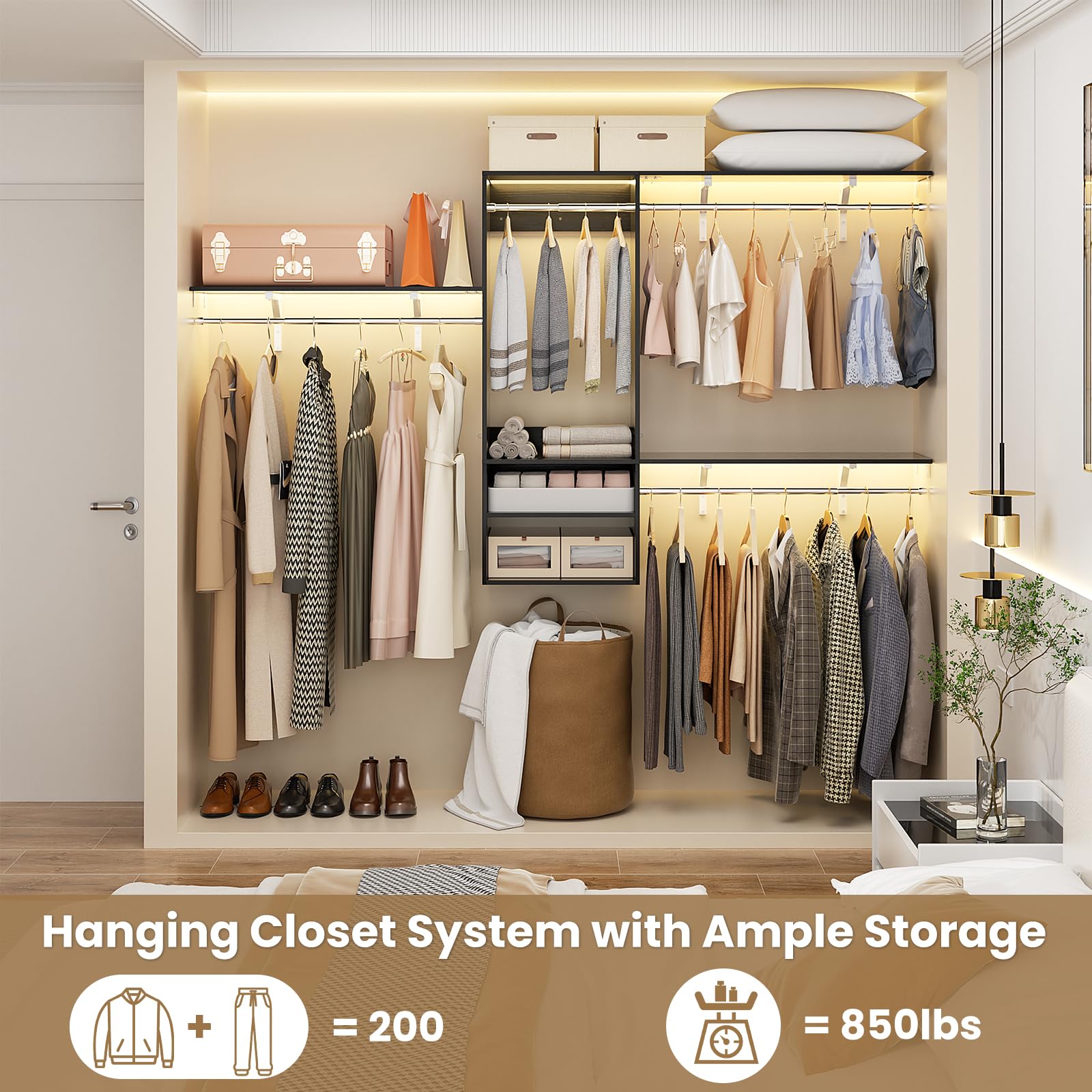 Besiost 96 Inch Hanging Closet System, 8 FT Closet Organizer System with Hanging Rod, Walk In Mounted Closet System, Built-In Clothes Garment Rack with 3 Shelving Towers(Can Be Cut To Fit), White