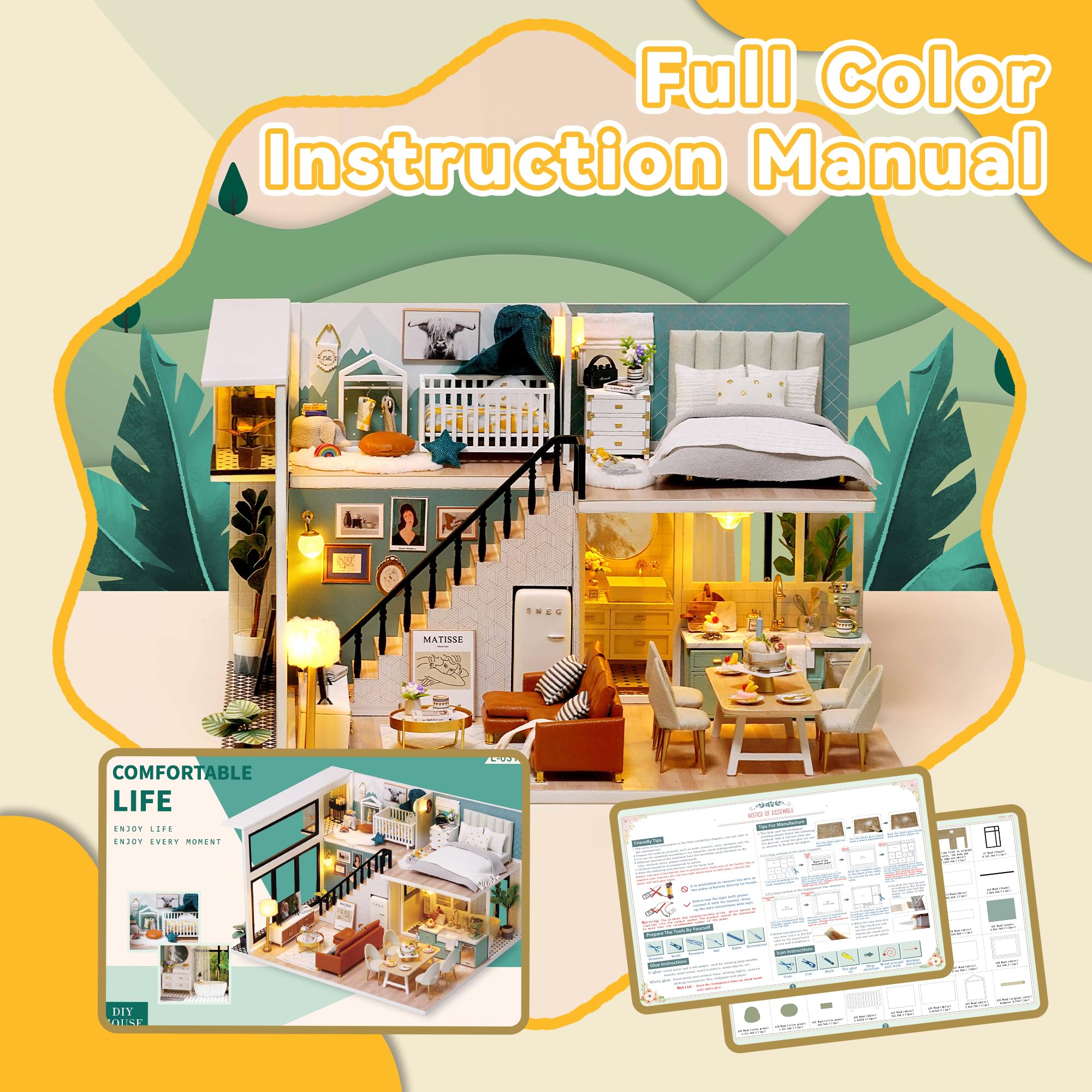 Flever Dollhouse Miniature DIY House Kit Creative Room with Loft Apartment Scene for Romantic Artwork Gift (Comfortable Life)