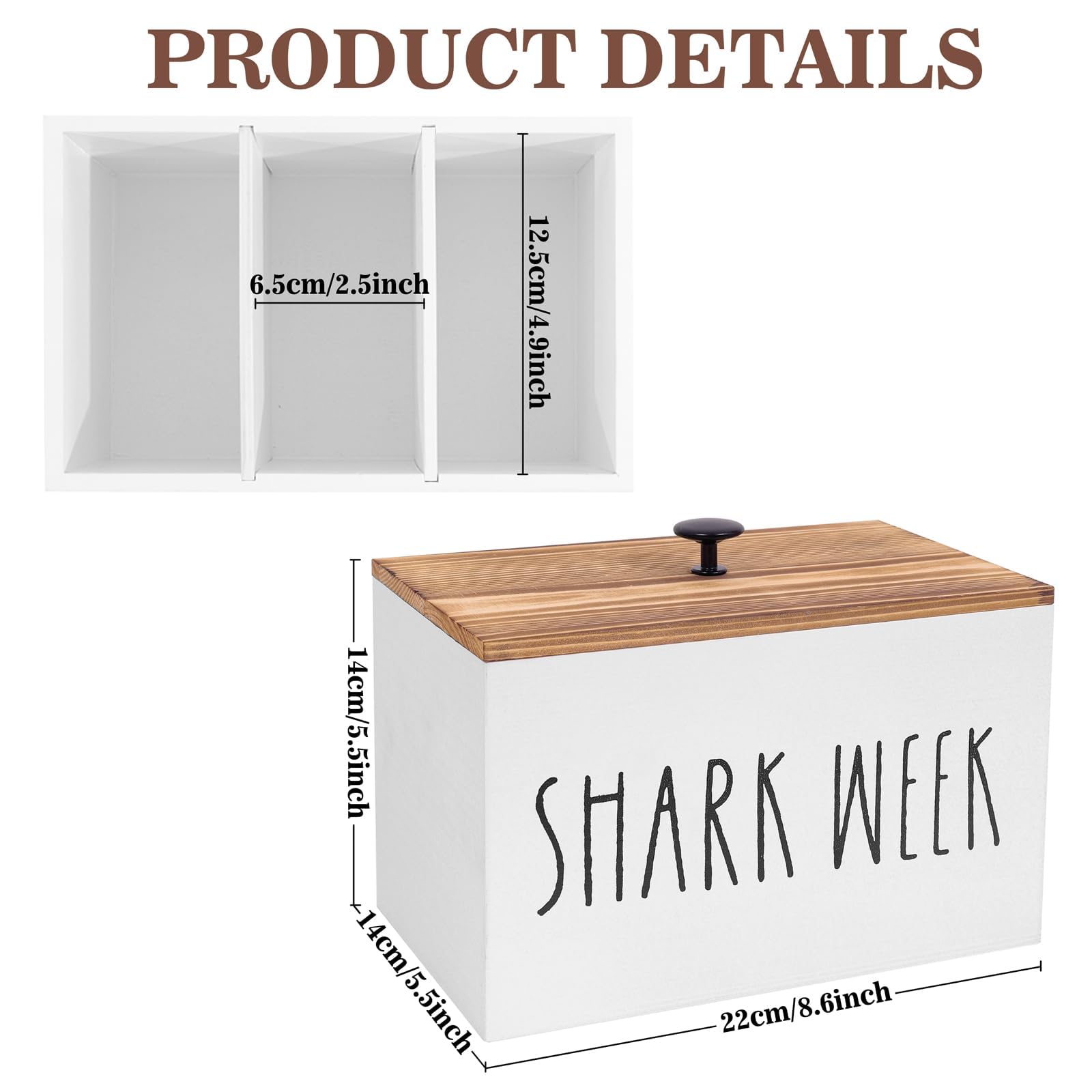Tampon Holder for Bathroom, Farmhouse Pad Orgainzier Container, Rustic Wood Bathroom Storage Bin with Lid, Movable Partition Feminine Product Organizer, Tampon Storage Container (White &Wood Lid)