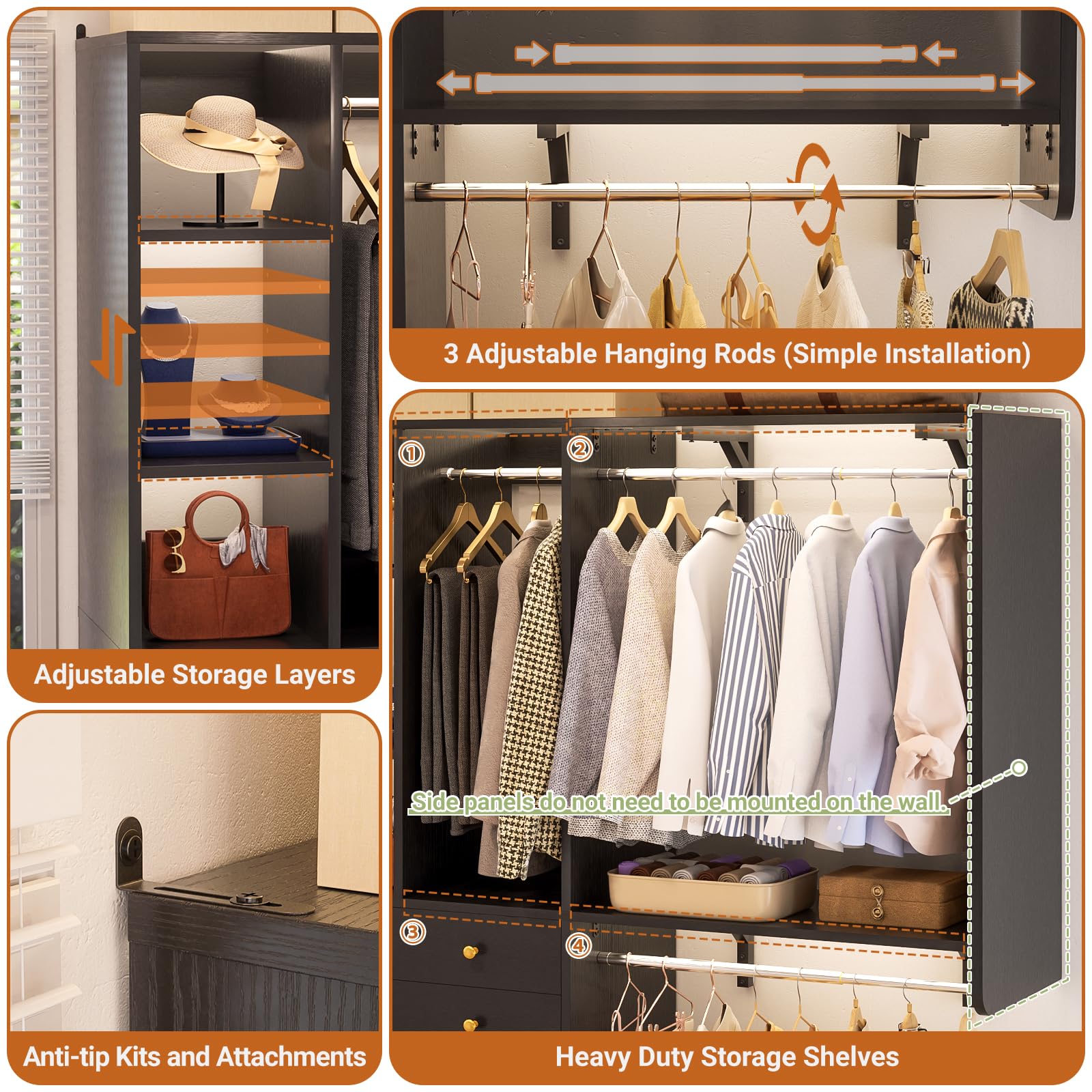 Besiost Closet System with Corner(3 Sets), 90.5" Closet Organizer System with Drawers, Reversible Garment Rack with Shelves, Walk-in Closet System with Hanging Robs, White