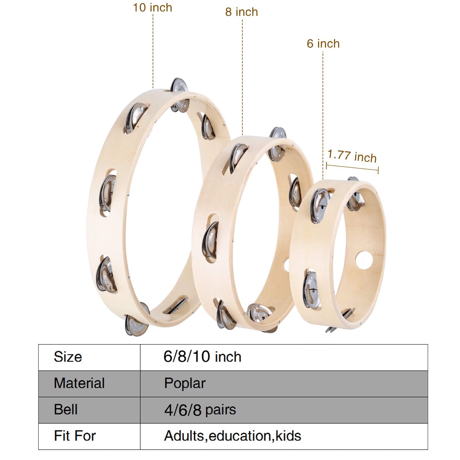 EASTROCK Hand Held Tambourine Ring 3 Packs and Bongos Drum 4”+5” Set Wood Percussion Instruments