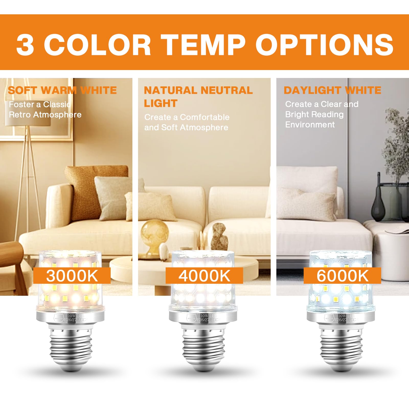 MIAOKE E26/E27 3 Way LED Bulb,10W 3 Light Mode Dimmable，900Lumen Light Bulb，Can Reduce Energy Consumption by 90%，Spiral Light Bulbs are Suitable for Bathroom，Ceiling Fan and Outdoor（4 Pack）