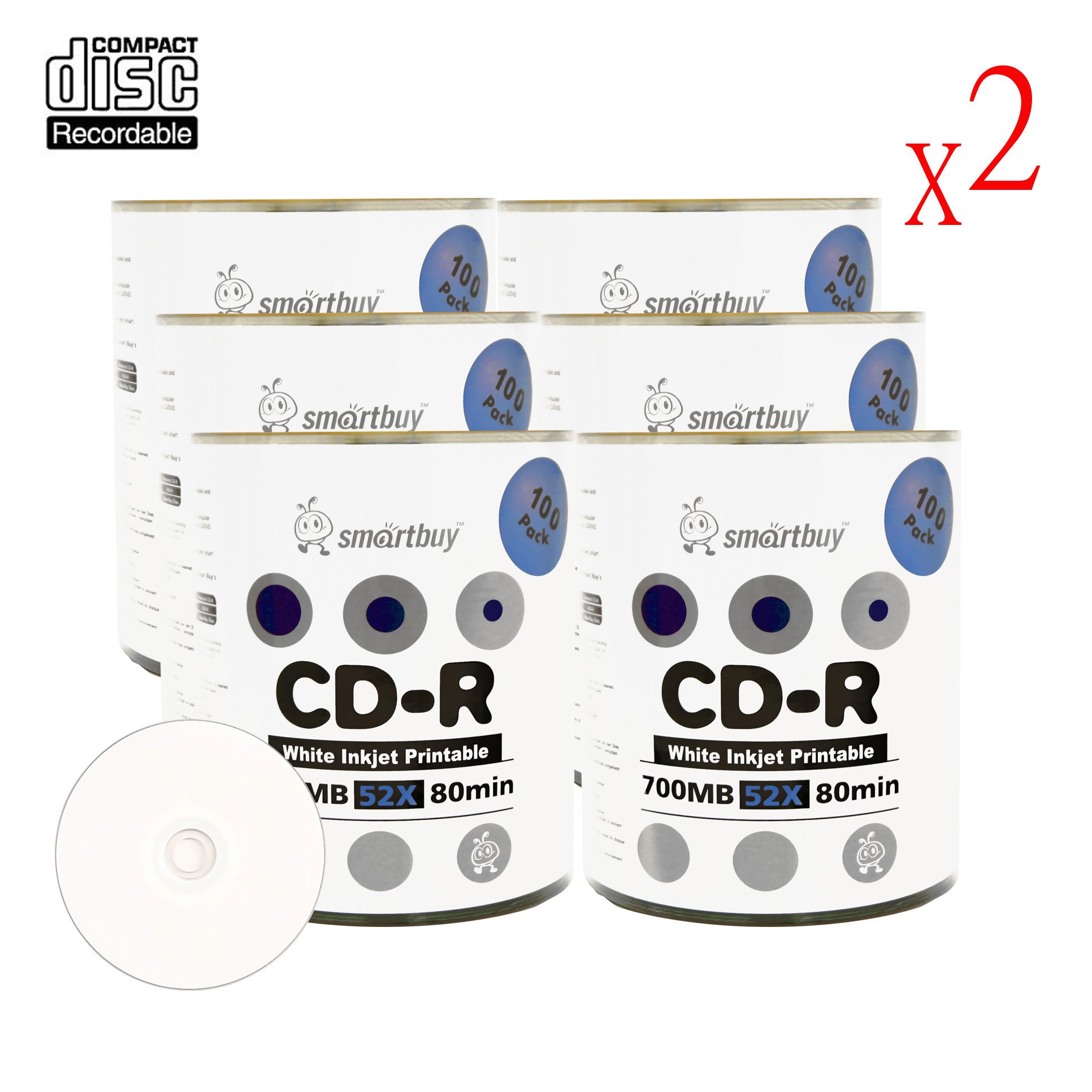 Smart Buy CD-R 1200 Pack 700mb 52x Printable White Inkjet Blank Recordable Discs, 1200 Disc, 1200pk