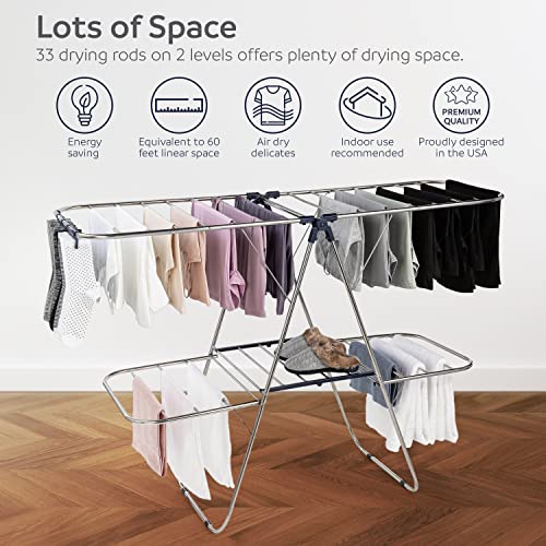 Foldable Premium Clothes Drying Rack, Large 2- Layer Stainless Steel Drying Rack for Sheets, Towels & Clothing Including 33 Hanging Rails, Height Adjustable and 32 Clips for Socks & Underwear - Blue