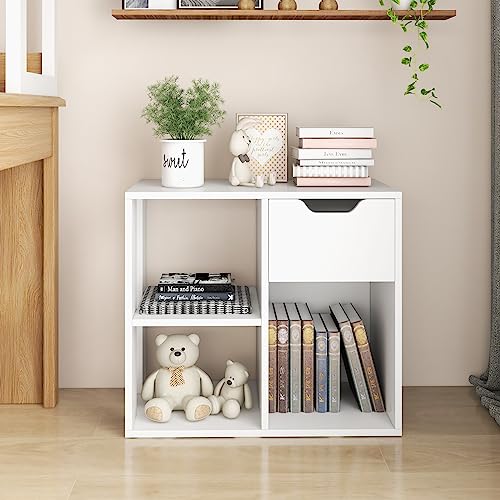 Giantex 3 Cube Bookcase with Drawer White, 21" Wooden Floor Standing Storage Organizer w/Open Storage Cabinet, Freestanding Display Shelf for Bedroom Living Room Kid’s Playroom Reading Nook (1)