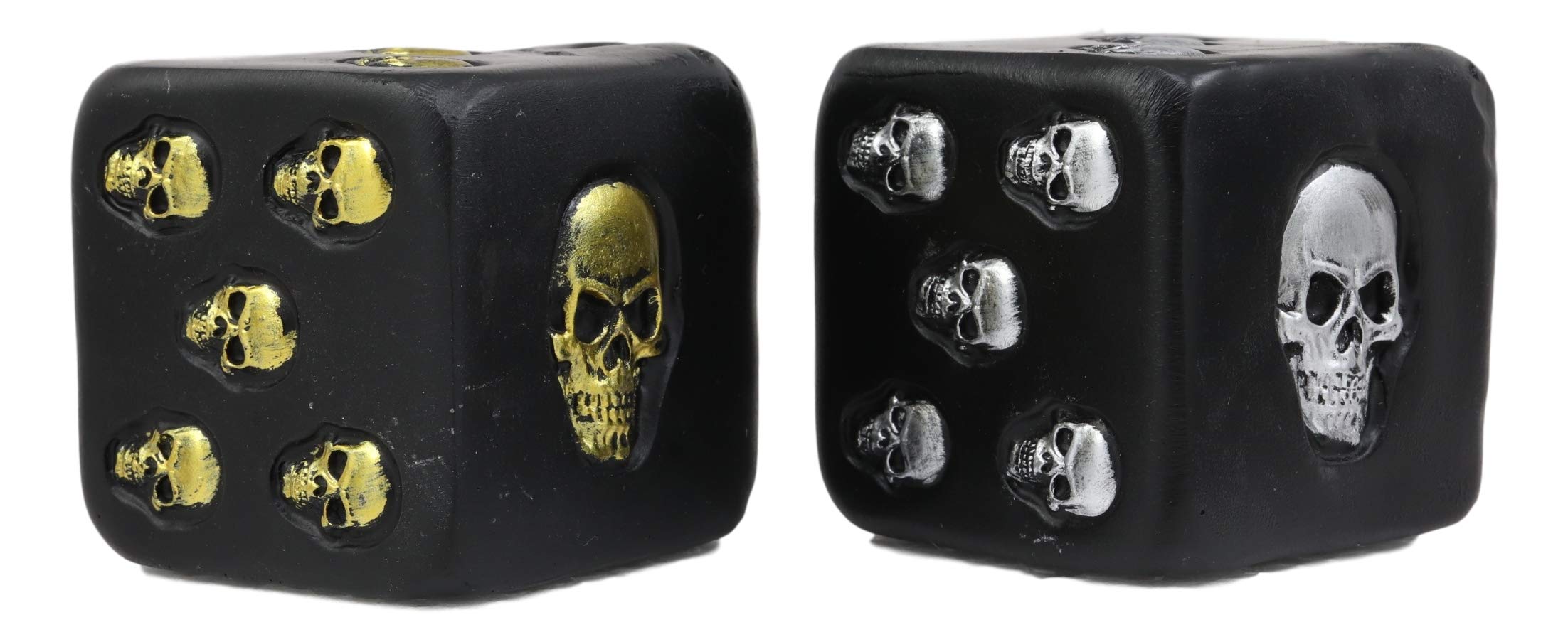 Ebros Oversized Large Decorative 2.25"High Cube Silver And Gold Skull Face Gaming Dice Set of 2 In Matte Black Finish As Ossuary Macabre Spooky Halloween Decor Sculpture Of Graveyard Skulls Skeletons