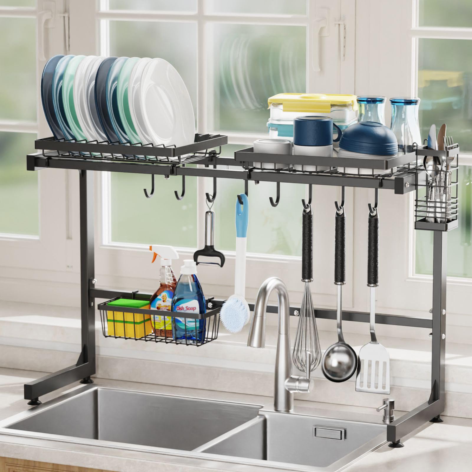 GSlife Over The Sink Dish Drying Rack - Adjustable (26.3"-35") Dish Rack Over Sink with Upper Dual Bars, 3 Baskets, Hooks, Cutlury Holder, Large Dish Drainer Drying Rack for Kitchen Sink, Black
