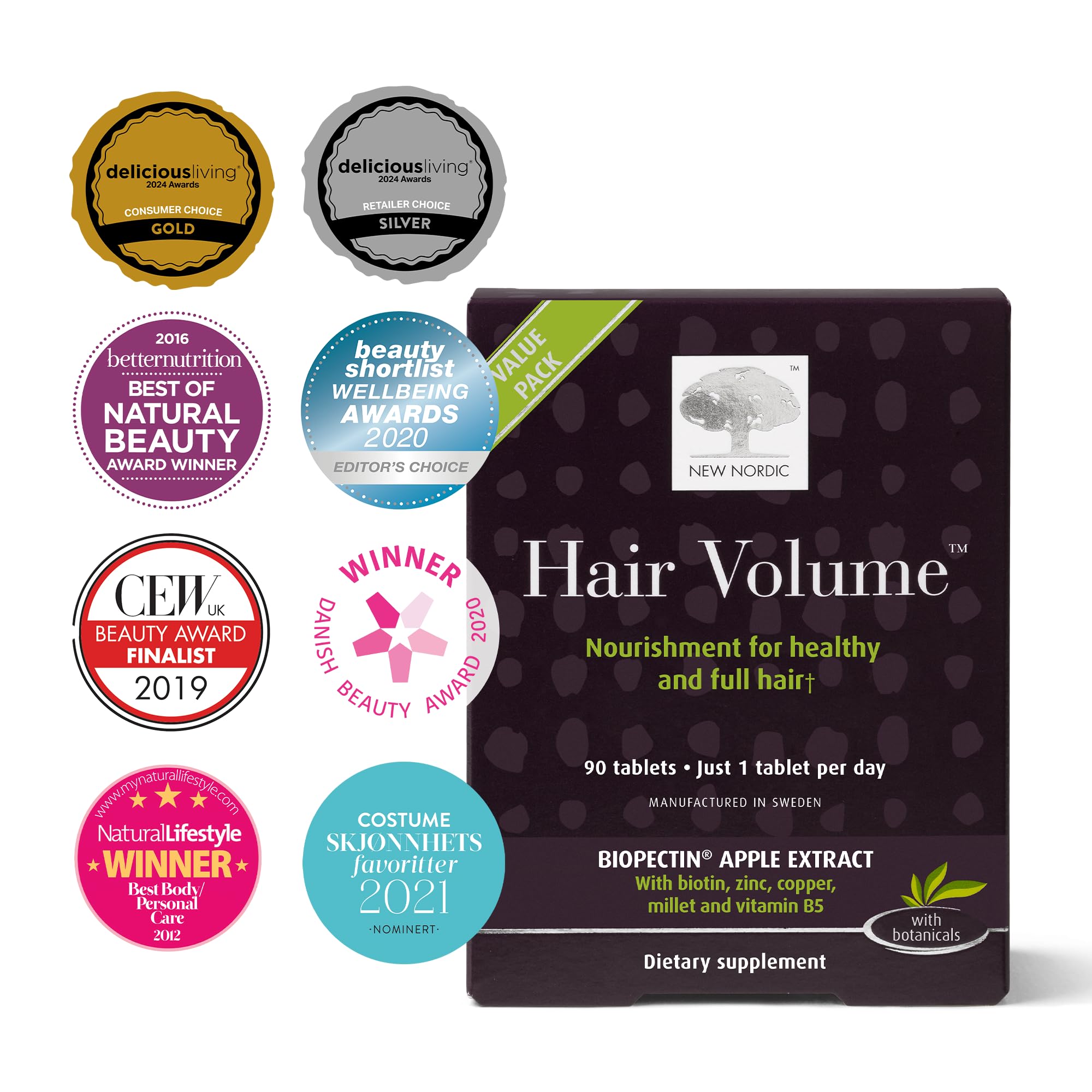 NEW NORDIC Hair Volume Tablets, 3000 mcg Biotin & Biopectin Apple Extract, Hair Vitamins to Support Natural Hair Growth, 90 Count (Pack of 1)