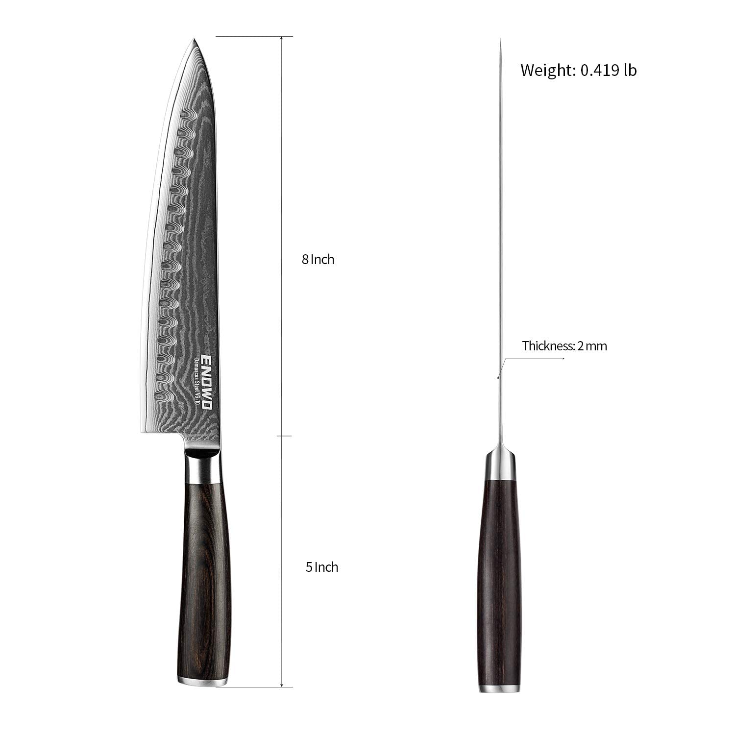 enowo Damascus Chef Knife 8 Inch with Clad Dimple,Razor Sharp Kitchen Carving Sushi Knife Made of Japanese VG-10 Stainless Steel,Gift Box,Ergonomic, Superb Edge Retention