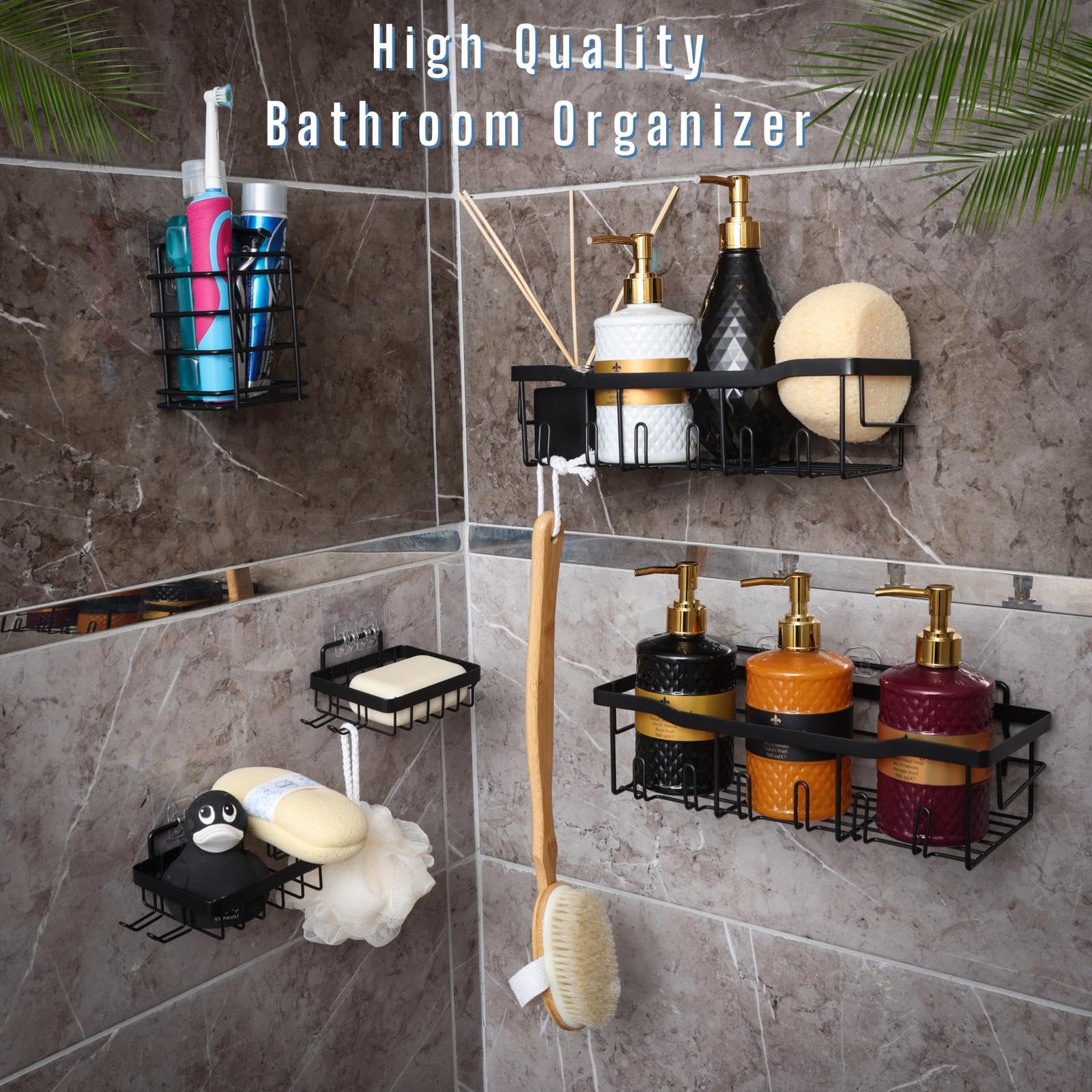 Shower Caddy Bathroom Organizers and Storage, Tile Shower Organizer 5 Pack Bathroom Set | No Drilling Bathroom Shelves | Shower Storage Organizer Stainless Steel With Large Capacity (Set of 5), Black