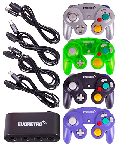 EVORETRO Gamecube Controller Compatible for Switch, wii Console and PC Games - 4 Pack Bundle with 4 Extension Cords and a 4-Port Adapter