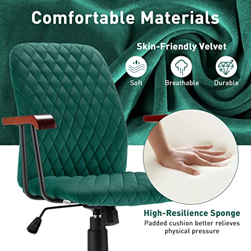 Giantex Home Office Desk Chair Green, Vintage Adjustable Swivel Rolling Chair with Copper Wheels & Armrest, Mid Century Leisure Chair, Velvet Upholstered Computer Chair for Work, Study