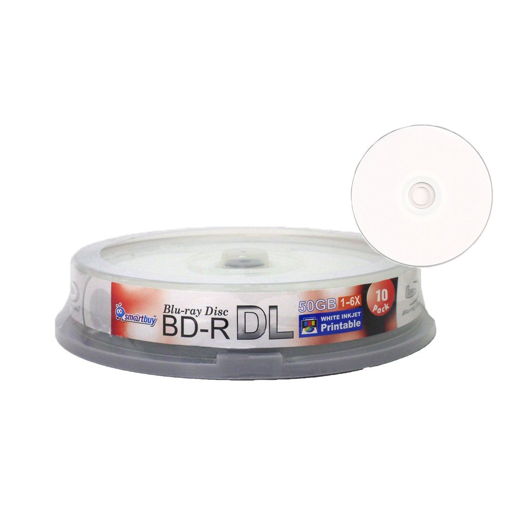 Smartbuy 10-disc 50gb 6X Blu-ray Bd-r Dl Dual Layer Double Layer White Inkjet Hub Printable Blank Data Video Recordable Media Disc with Cakebox/Spindle Packing