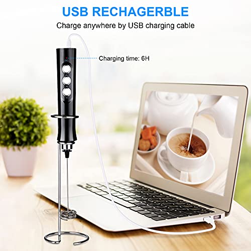 Milk Frother Handheld, Rechargable Coffee Foam Maker with Stand & 2 Whisks, Wanderland 3 Speeds Electric Coffee Mixer for Coffee, Lattes, Cappuccino, Matcha, Hot Chocolate (Black)