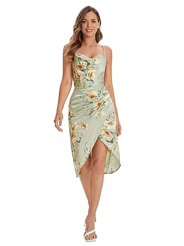 Floerns Women's Floral Print Cowl Neck Ruched Sleeveless Satin Slit Party Dress Green Multi L