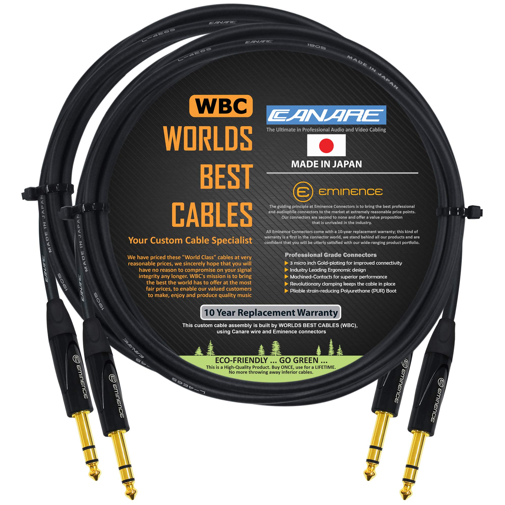 WORLDS BEST CABLES 2 Units - 6 Foot - Canare L-4E6S, Star Quad Balanced TRS Patch Cable with Eminence Gold E502 TRS Stereo Plugs - Custom Made