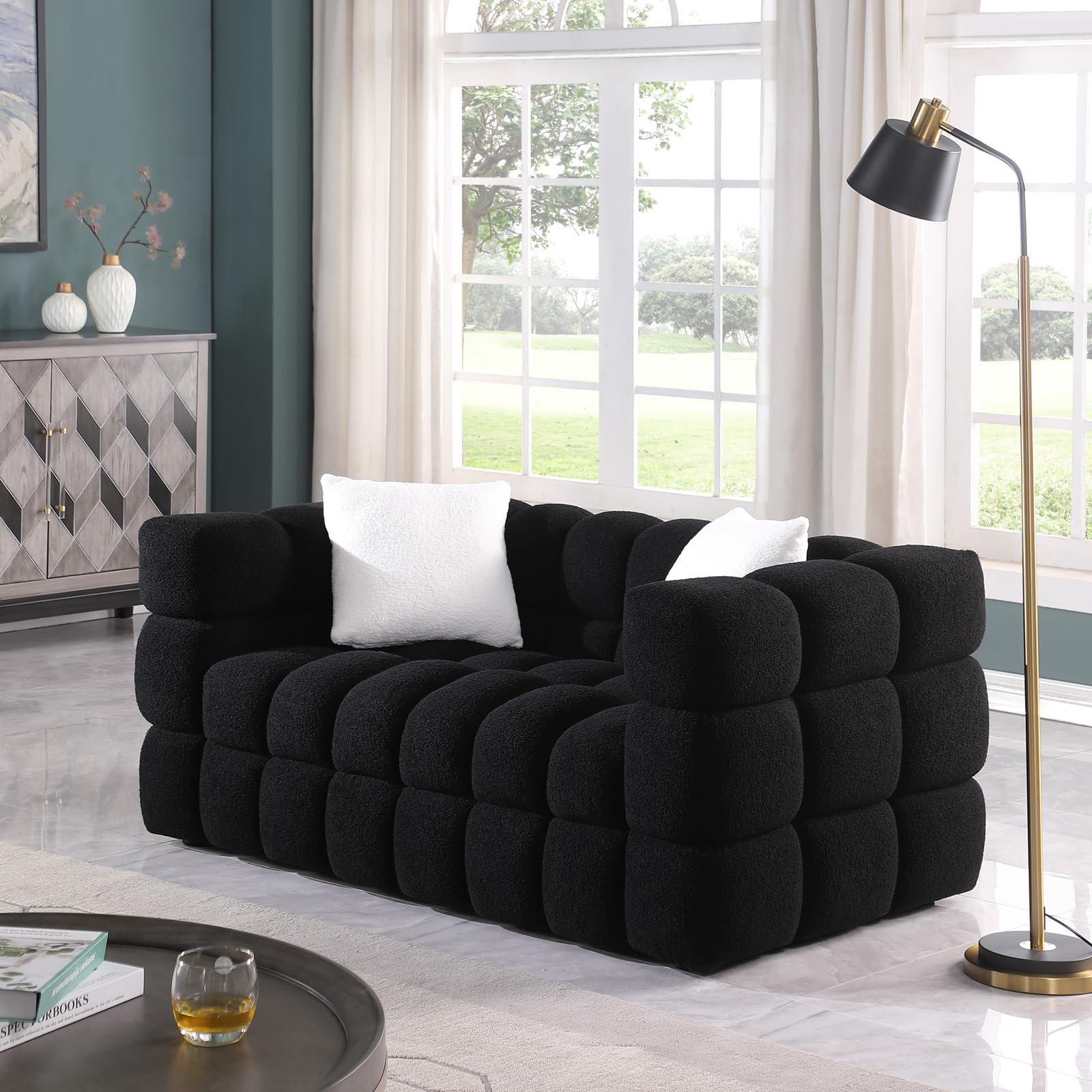 Cloud Loveseat Couch, Modern Marshmallow Boucle Fabric Couches with Plastic Legs Upholstered Tufted Loveseat Sofa with 2 Pillows for Living Room, Bedroom, Office(Black