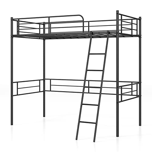 Giantex Metal Loft Bed Twin Size for Juniors & Adults, Loft Bed Frame with Ladder & Safety Guardrail, 61" Under-Bed Space, Space-Saving Twin Bed for Teens, No Box Spring Needed (Black)