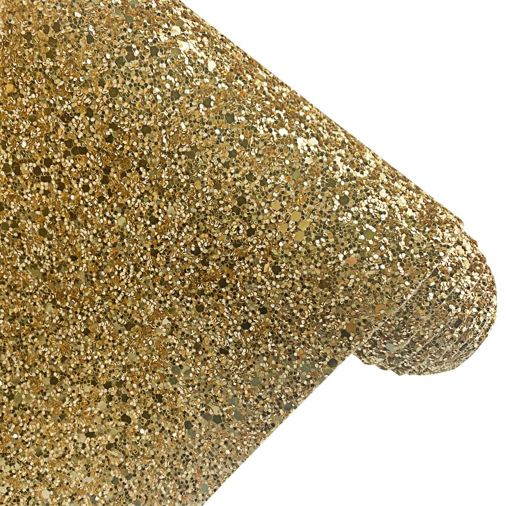 Solid Color Chunky Glitter Faux Leather Roll 12 x 53 Inch Sparkle Synthetic Sewing Fabric for Hair Bows Jewlery Making DIY Accessories (Gold)