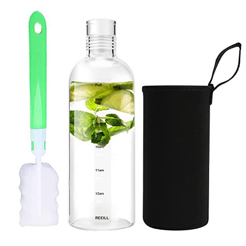 Clear Glass Water Bottles With Time Marker Non-slip Sleeve And Lids, Reusable Glass Drinking Bottles, Drink Water Bottle 26 Oz,Suitable For Drinks, Juices, Sodas, Coke, As Gifts Etc.(750ml)