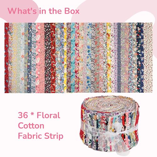 Floral Fabric Strips for Quilting 36PCS Fabric Jelly Rolls Pre-Cut 2.46-inch Jelly Roll Cotton Fabric Bundle Printed Floral Roll up Cotton Fabric Strips for Patchwork DIY Sewing Crafts