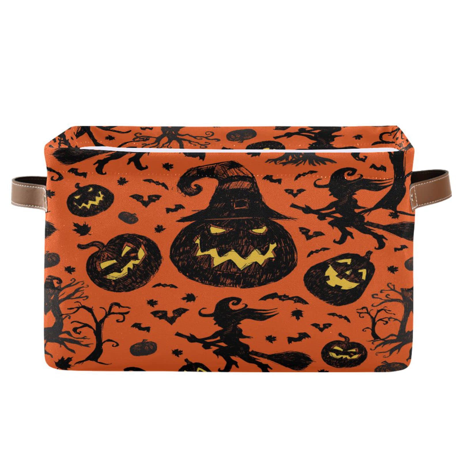 Wusikd Orange and Black Halloween Storage Basket Set of 1 Large Fabric Pumpkin Witch Storage Basket Bins Box Cube with Handles Collapsible Closet Shelf Clothes Organizer Basket for Nursery Bedroom