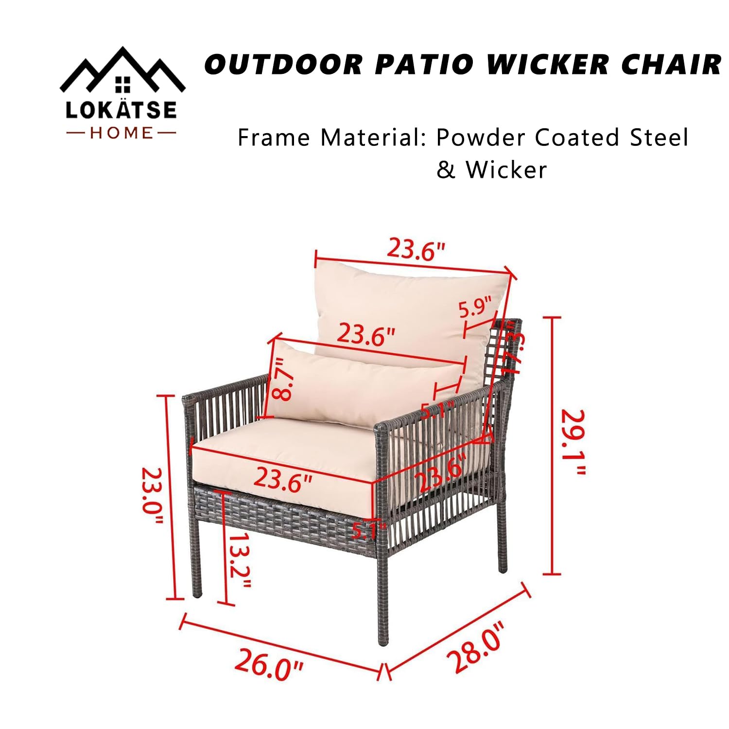 LOKATSE HOME 2 Piece Patio Dining Club Chairs Wicker Rattan Furniture Thick Cushion Seat, Beige