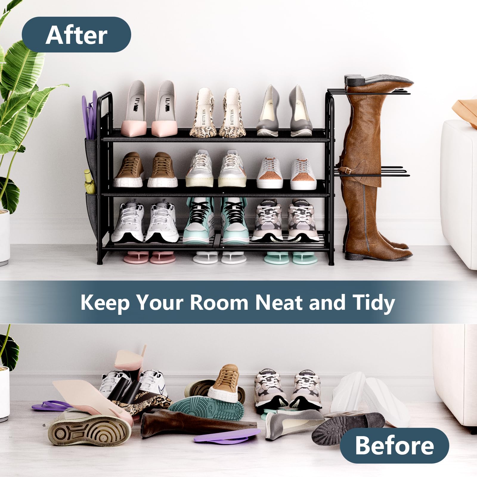 CLESOO Shoe Rack Storage Organizer 3-Tier Freestanding Metal Shoe Rack, Stackable Combination Shoe Rack with Side Pockets and Boot Organizer Rack Suitable for Entrances, Corridors, Garages