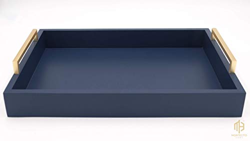 Montecito Home Decorative Coffee Table Tray - Ottoman Tray - Breakfast, Drinks, Liquor Serving Platter - from Farmhouse to Modern - Matte Finish - Champagne Gold Handles - Twilight Blue