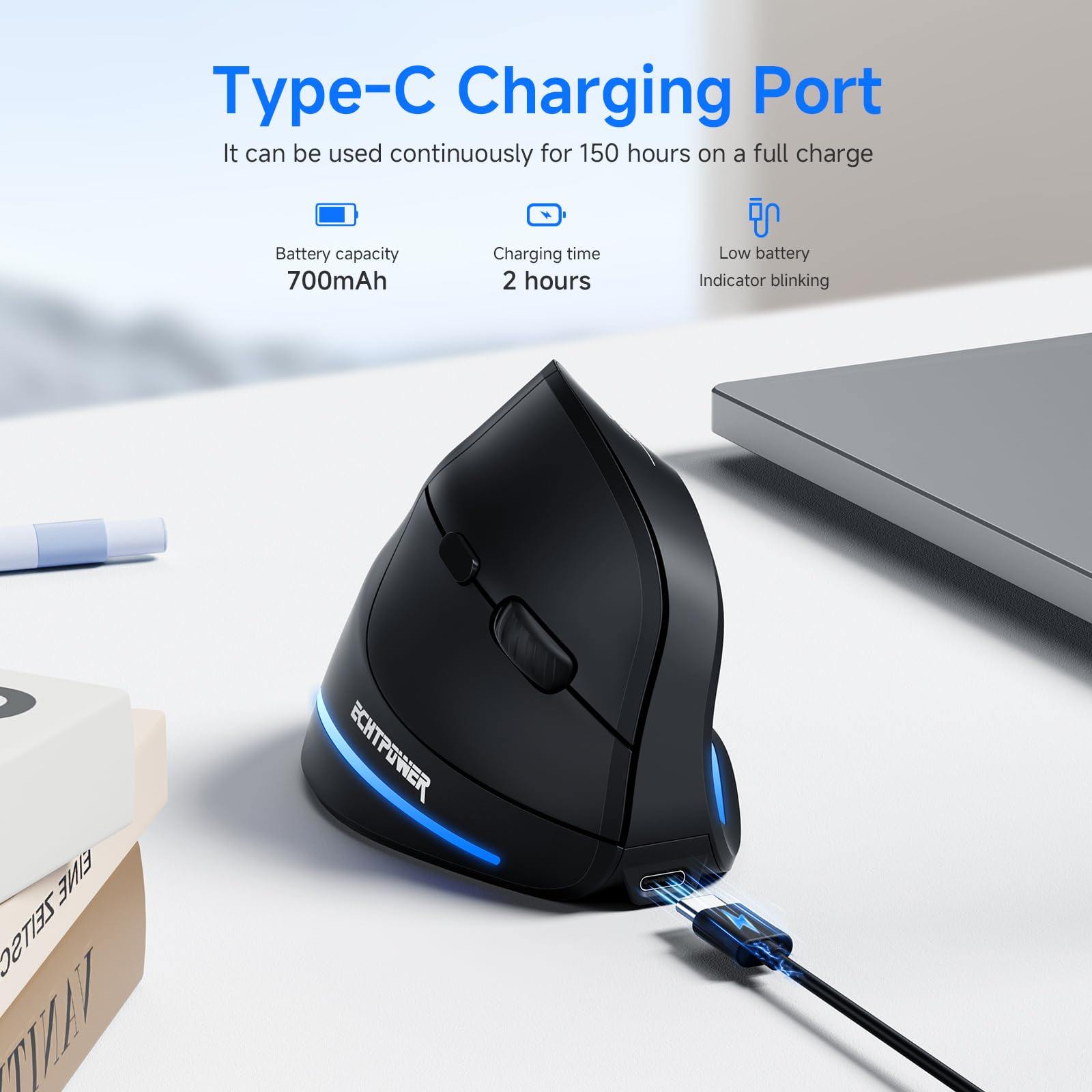 ECHTPower Wireless Bluetooth Mouse, Ergonomic Mouse with LED Light, Tri-Mode BT5.0+BT5.0+2.4GHz, Vertical Mouse Adjustable DPI 2400/1600/1000, Rechargeable Mice for PC, Laptop, Mac, Windows