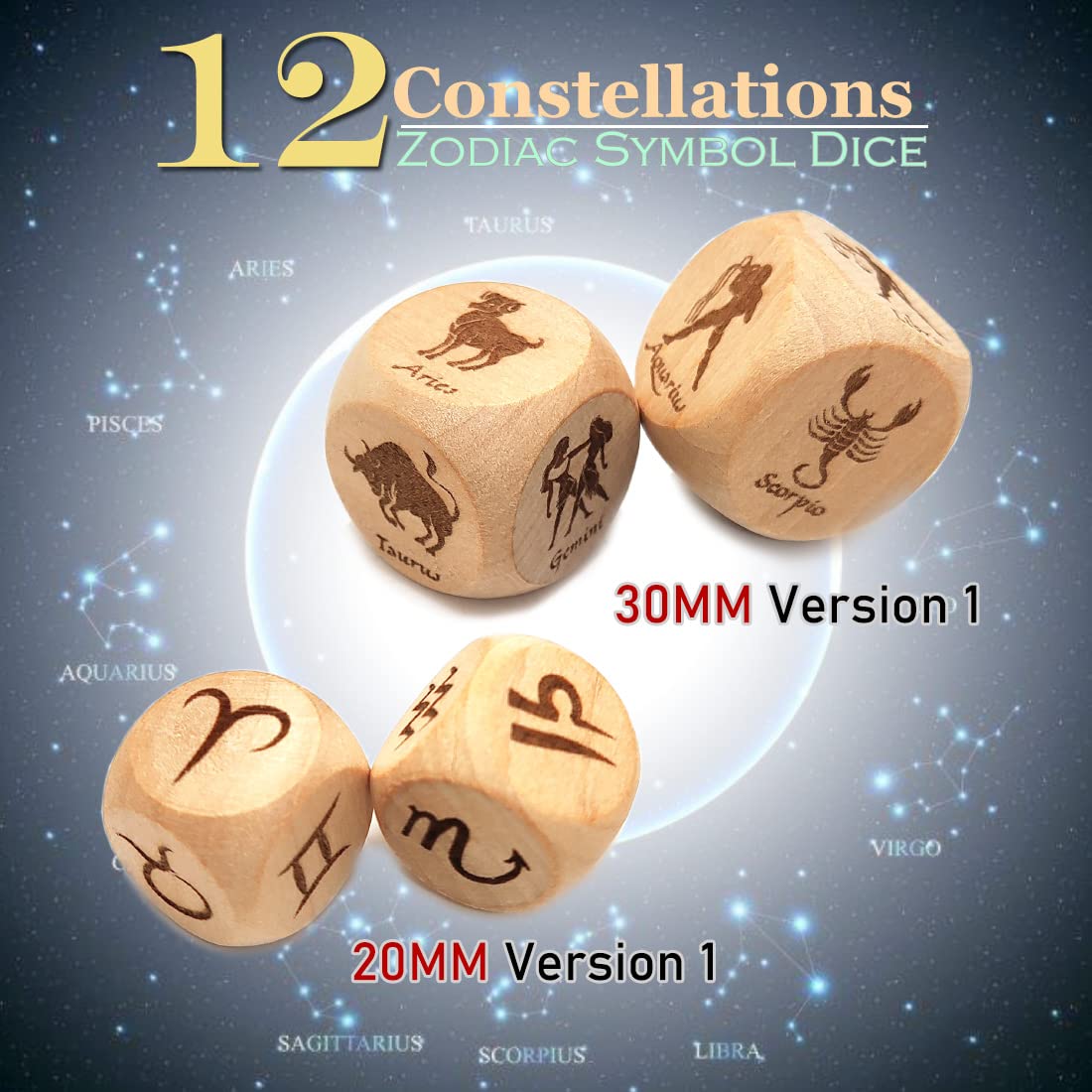 Hometu 2 Pairs/Set Zodiac Constellation Dice Set - 2Pcs 20MM + 2Pcs 30MM Engraved Wooden Astrological Dices for Divination Accessory (V1(20MM)+V1(30MM)), Wood