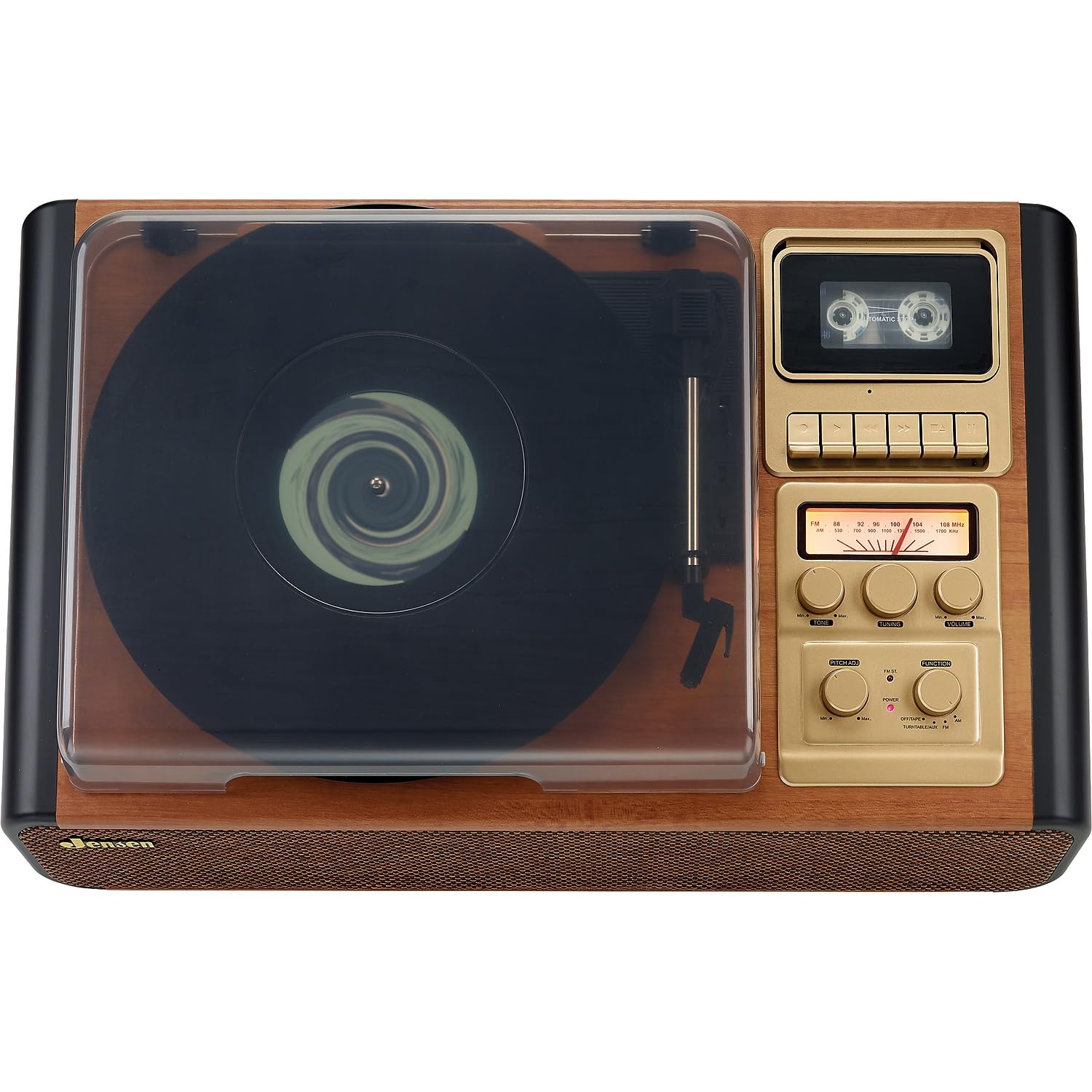 JENSEN JTA-385 JTA-385 3-Speed Belt-Drive Turntable with Pitch Control, Cassette Player/Recorder, AM/FM Stereo Radio, and Built-in Speakers