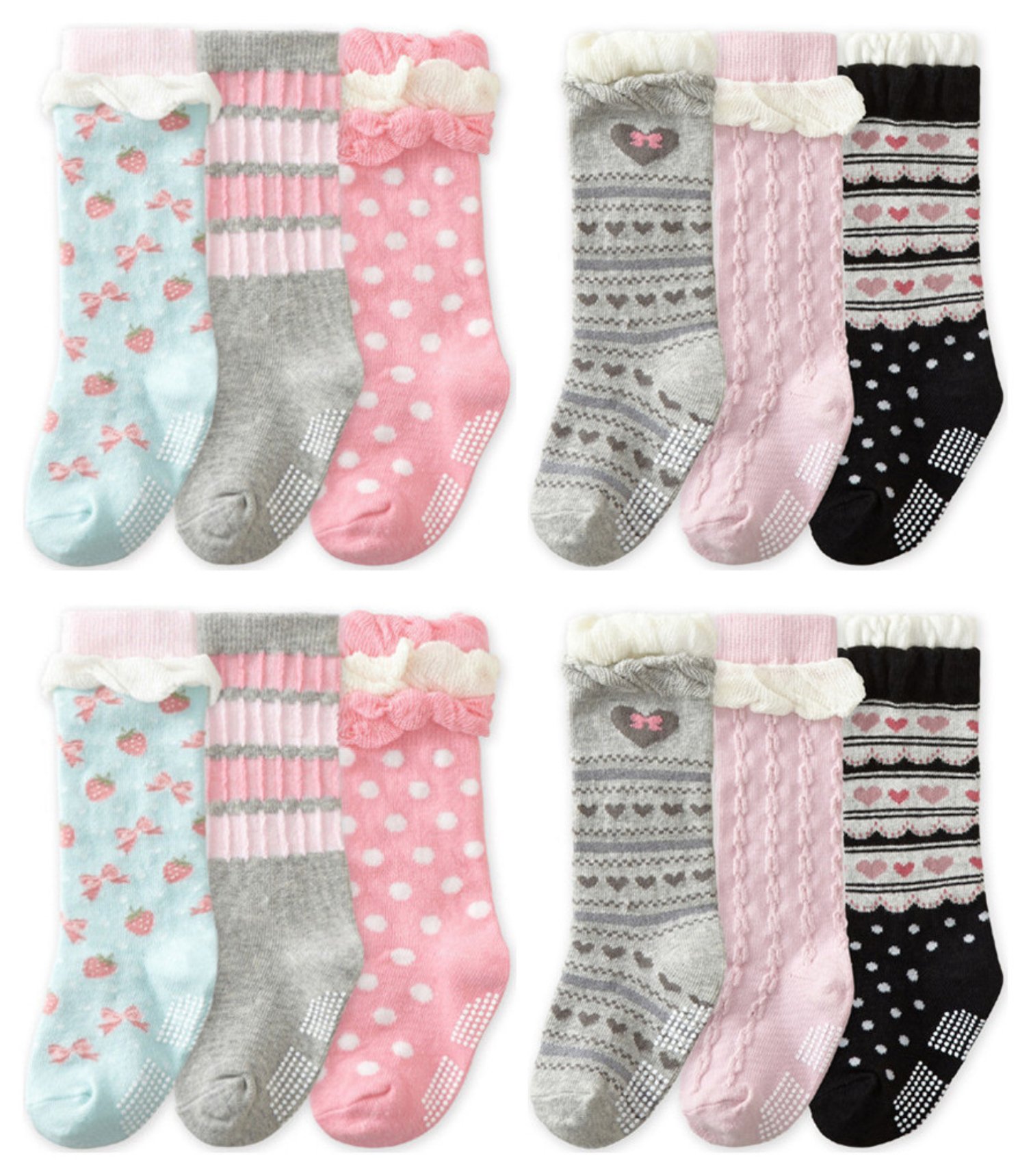 QandSweet 6 Pairs Baby Girl Knee-High Socks Toddler Princess Cute Non-skid Socks 8-36M (6 Colors)