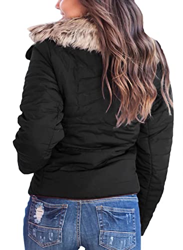 Dokotoo Womens Casual Ladies Winter Faux Fur Collar Zip Up Open Front Quilted Puffer Jacket Coat Outerwear with Pockets Black Small