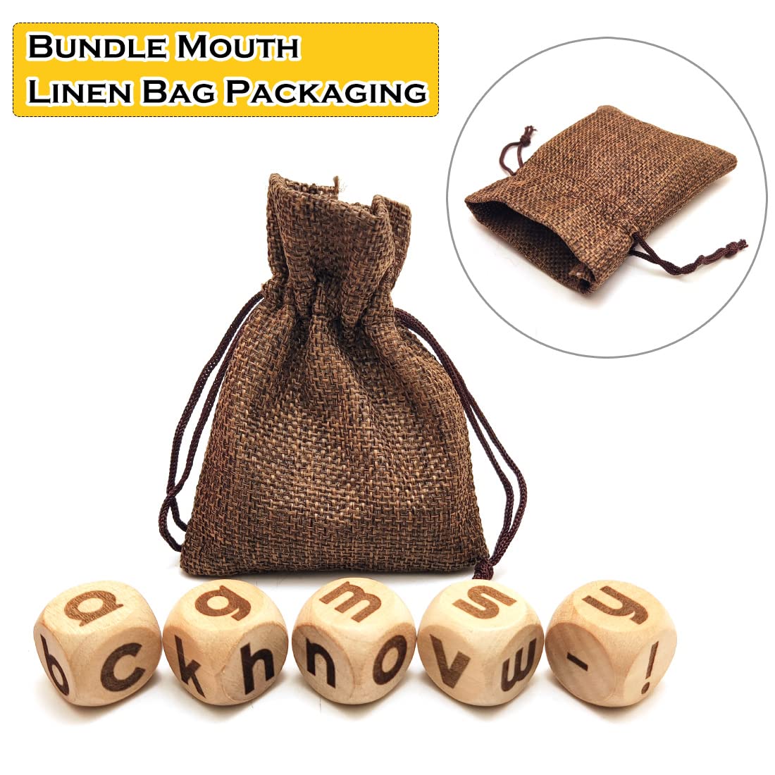 Hometu 5Pcs/Set 20MM Wooden Letter Dice Set, 6-Sided English Letter Pattern Engraved Wood Rolling Dices with Linen Bag, Yellow