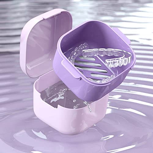 Denture Cup Bath,Portable Denture Case with Strainer Basket,braces False Teeth Storage Box Holder,Retainer case Cleaning,Soak Cup,With braces chewable tablets and Extractor(purple)…