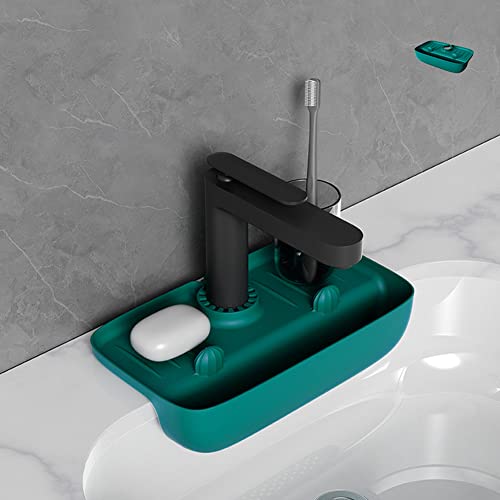 EastVita Kitchen Sink Storage Rack,Faucet Splash-Proof Draining Rack,Non-Slip Sink Water Collection Pad Kitchen Rag Sponge Wipe Sink Tray Holder Drain Basket for Various Countertops Dark Green