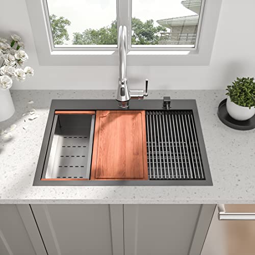 Beslend 28 Black Drop In Workstation Kitchen Sink - 28"x22"x10" Gunmetal Black Stainless Steel Topmount 16 Gauge 10 Inch Deep Sink