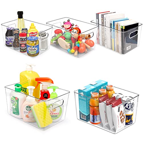 Clear Plastic Storage Bins β Kitchen Organization Pantry Storage β Fridge Organizer, Cabinet Organizers and Storage Bins with Handles for Counter-tops, Refrigerator, Bedrooms, Bathrooms (Bins-5PCs)
